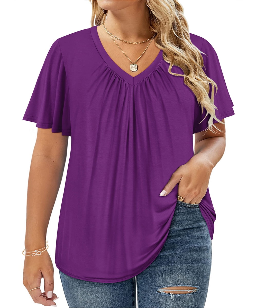 CASSIE LIZ Plus Size Women's Tops Casual Solid Purple Short Sleeve 2X ...