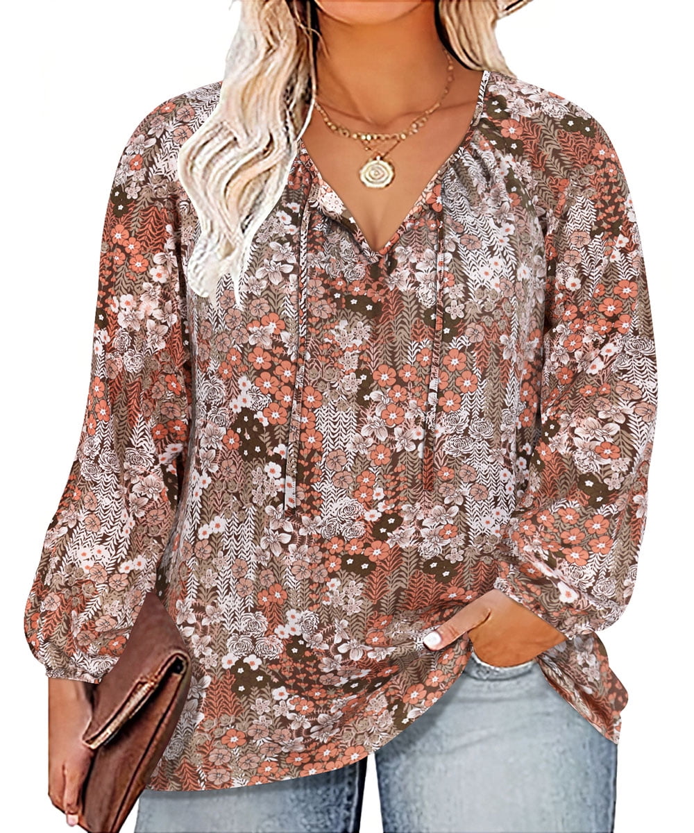 CASSIE LIZ Plus Size Women's Tops Floral Blouses Long Sleeve Boho Khaki ...