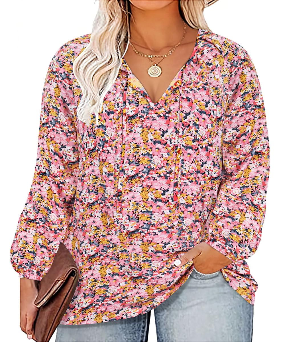CASSIE LIZ Plus Size Women's Tops Floral Blouses Long Sleeve Boho Pink ...