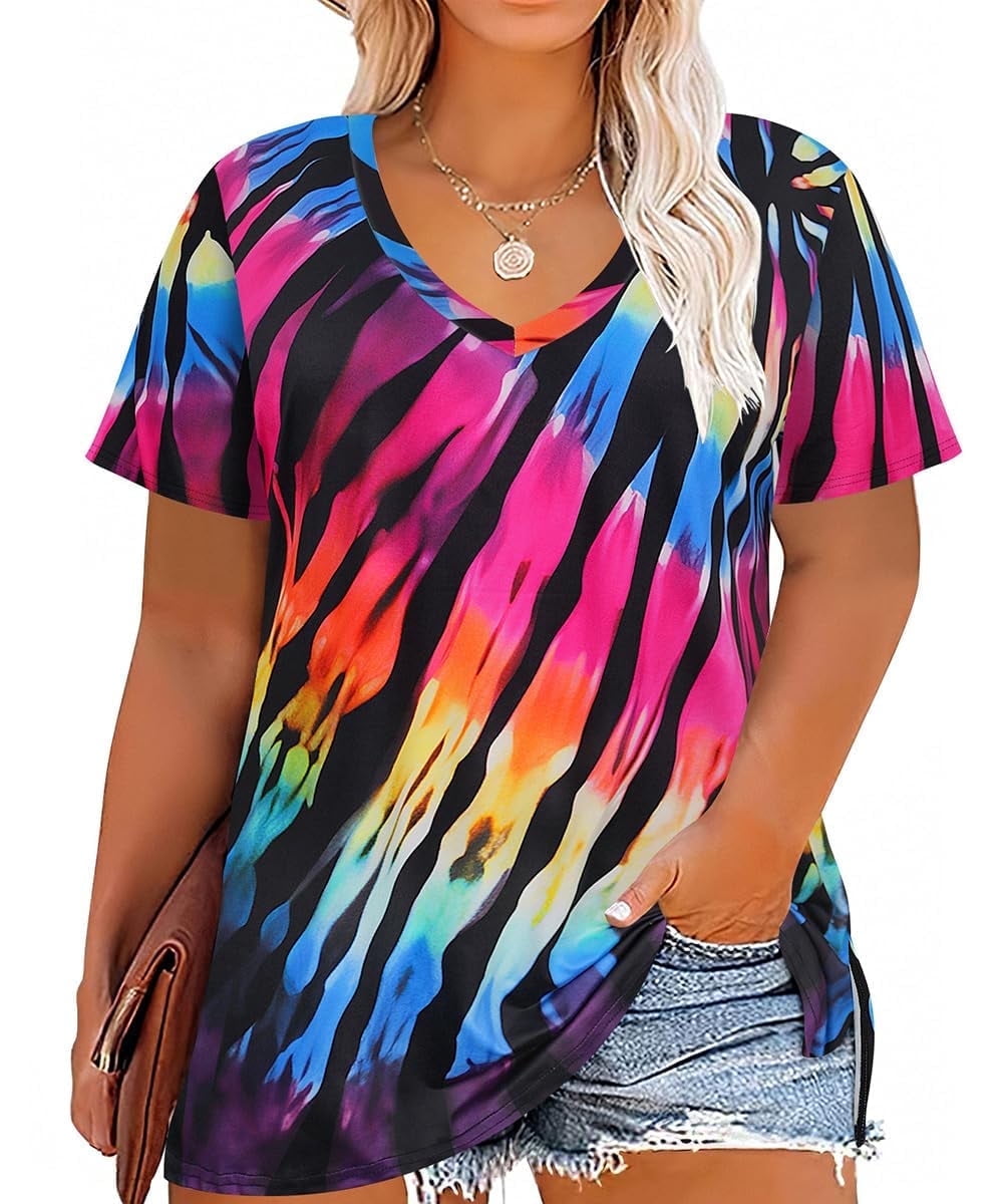 Cassie Liz Womens Plus Size Summer Tops, Tie Dye V Neck, Short Sleeve ...