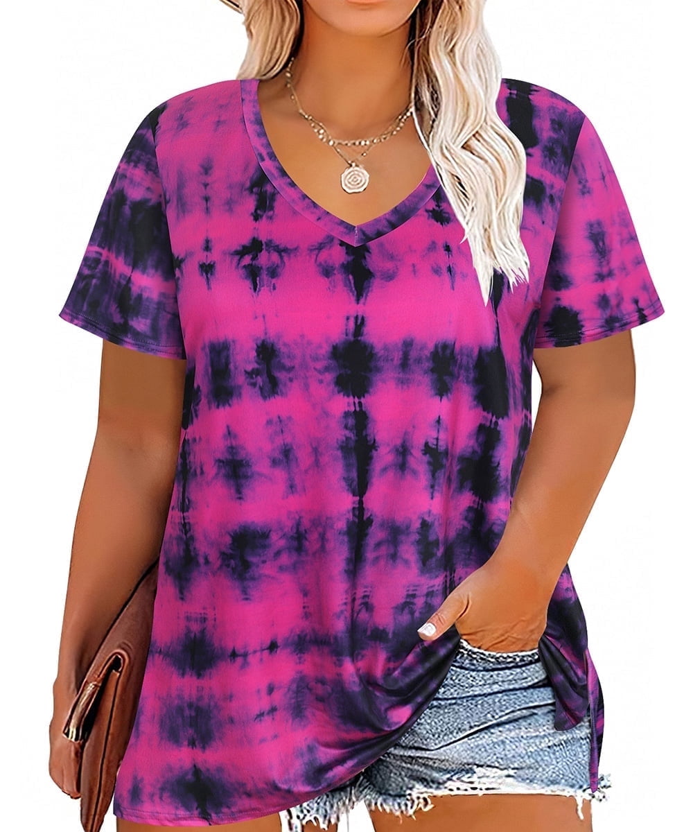 CASSIE LIZ Womens Plus Size Tops 2X Summer Tie Dye Shirts Purple V Neck ...