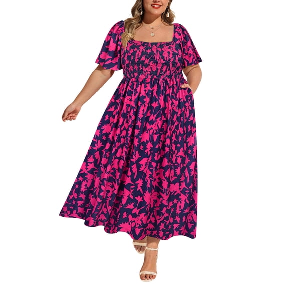 CASSIE LIZ Plus Size Womens Dresses 2X Square Neck Floral Print Pink ...