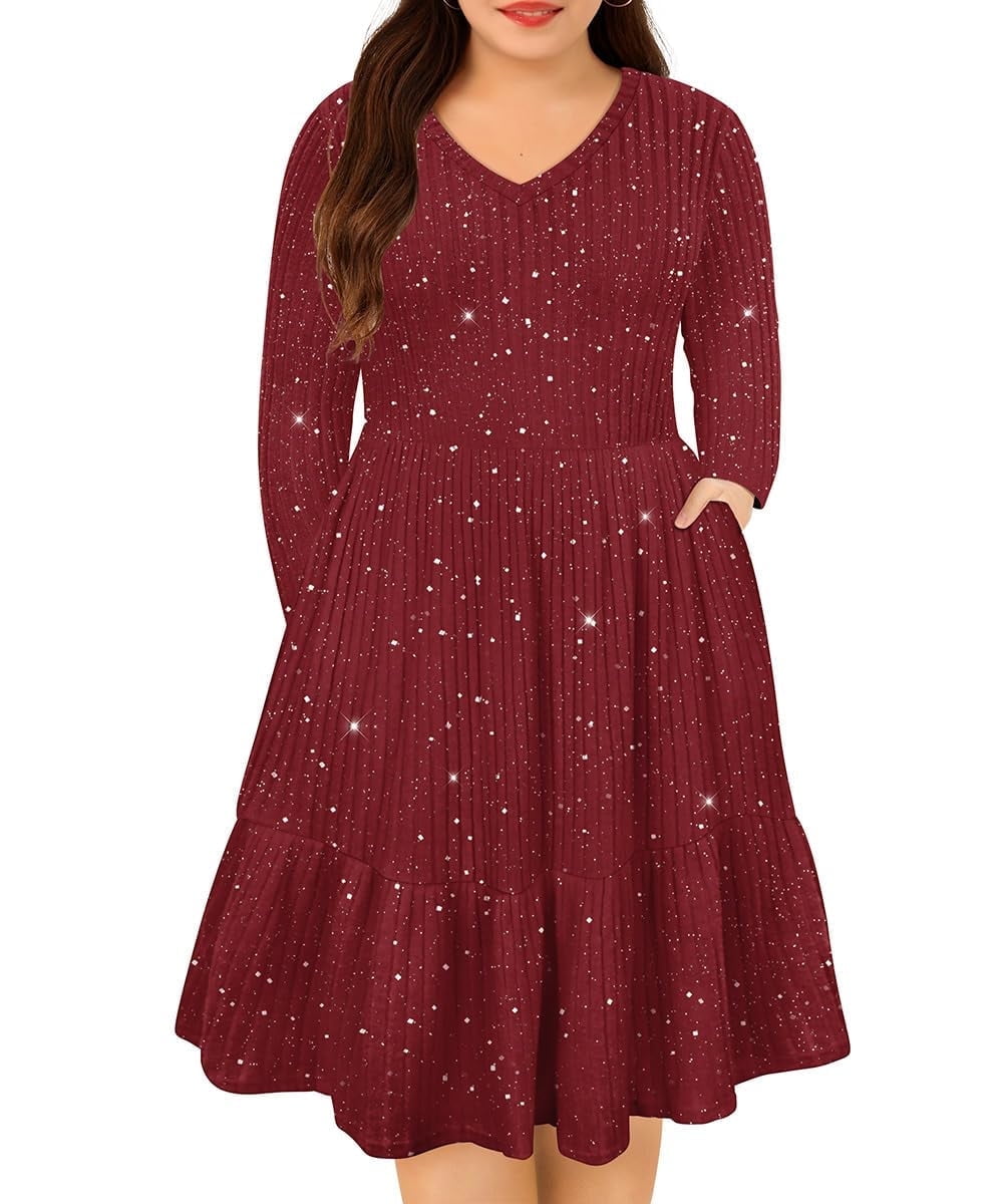 CASSIE LIZ Plus Size Womens Dresses Casual Wine Red Glitter Fall ...
