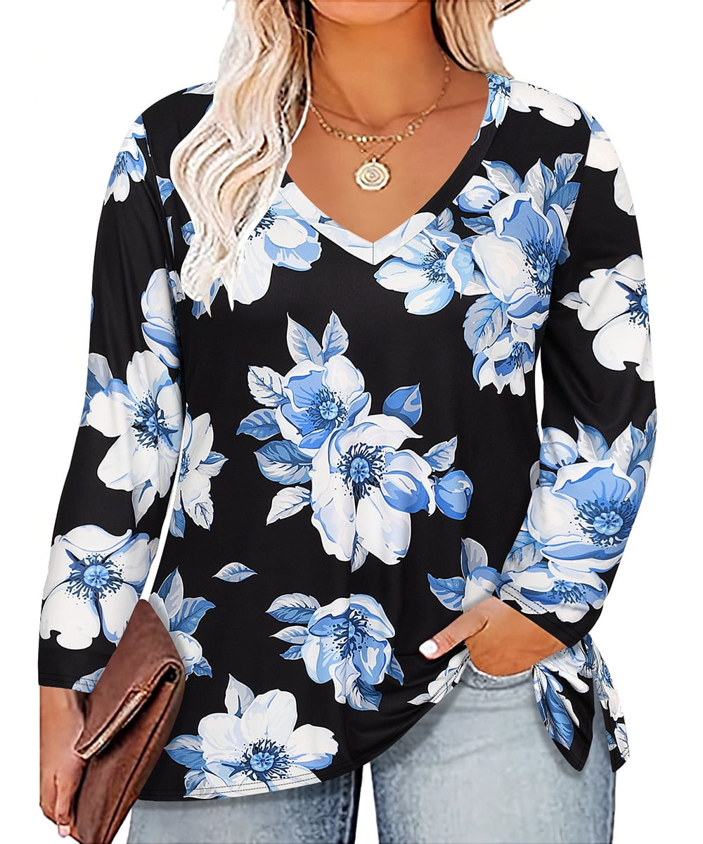 CASSIE LIZ Women's Plus Size 2x Tops Blue Floral Long Sleeve Tee Shirt ...