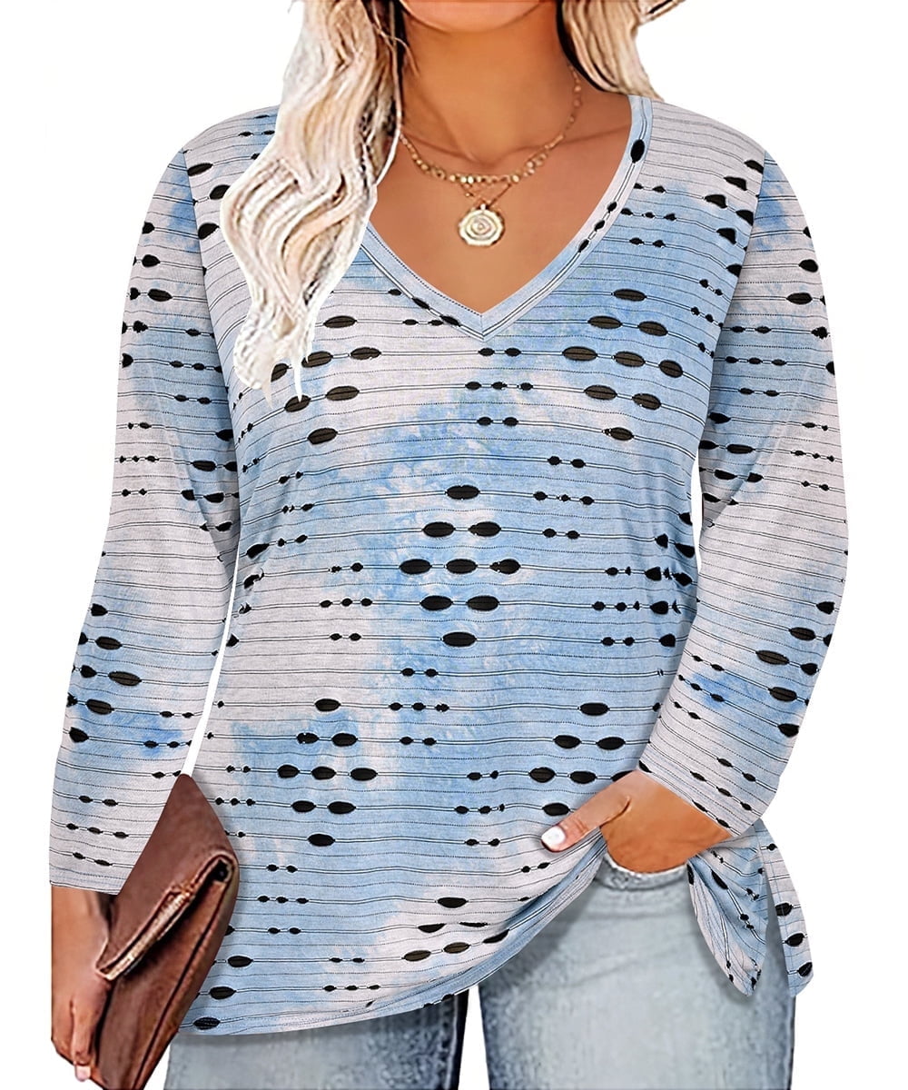 CASSIE LIZ Womens Plus Size Tops 2X Long Sleeve Tie Dye Shirts Fall V ...