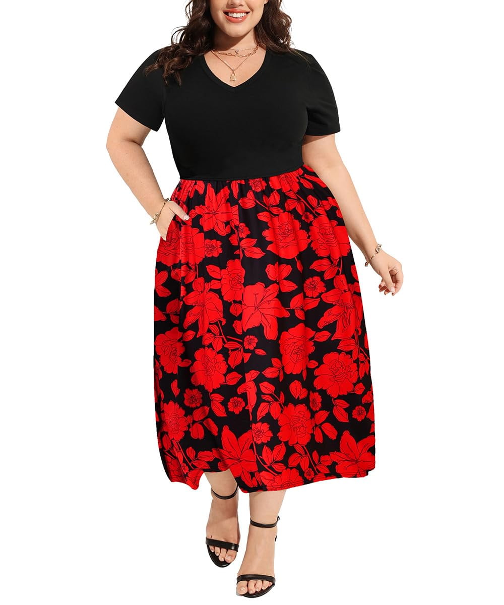 CASSIE LIZ Women's Plus Size Dress 4X Pocket V Neck Long Patchwork ...