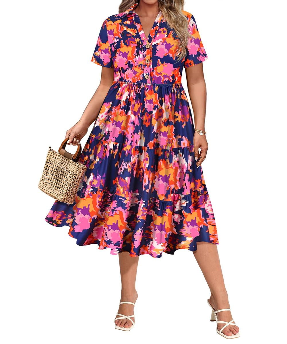 CASSIE LIZ Women's Plus Size Dress Casual Floral Blue Purple Dress 4X V ...