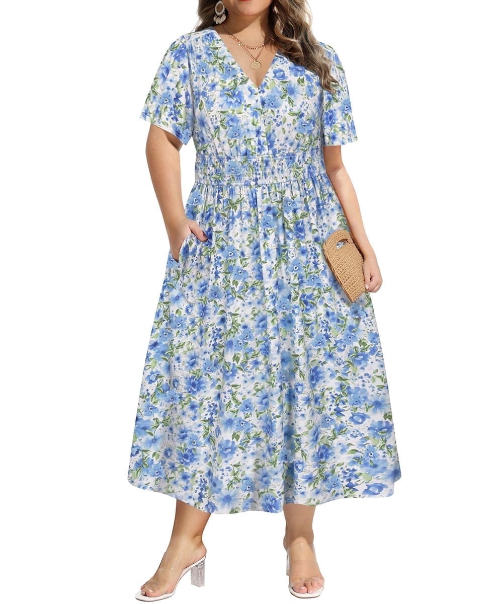 CASSIE LIZ Dresses for Women Plus Size 2X White Blue Floral Fall ...