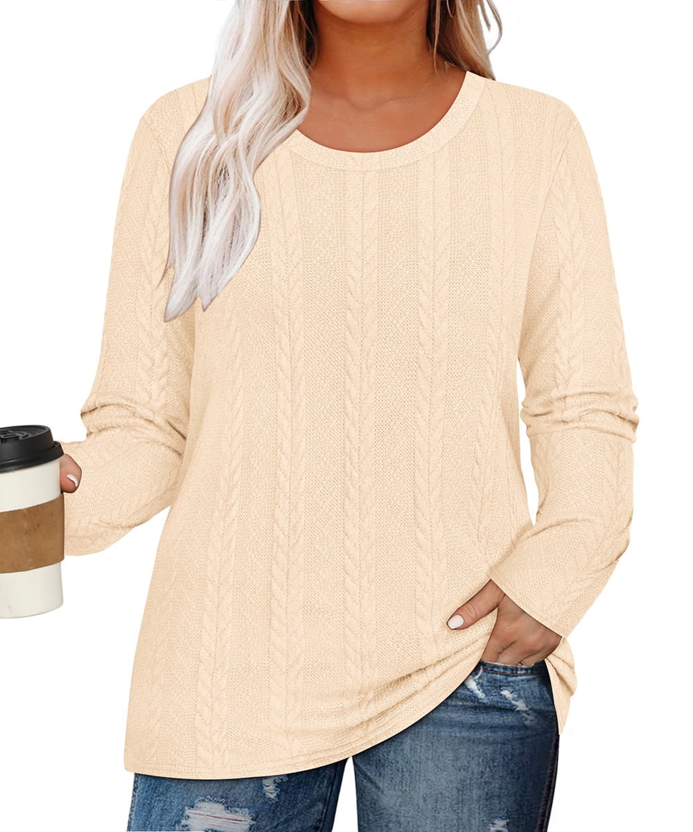 CASSIE LIZ Women's Plus Size Sweater Solid Tops Light apricot Long ...