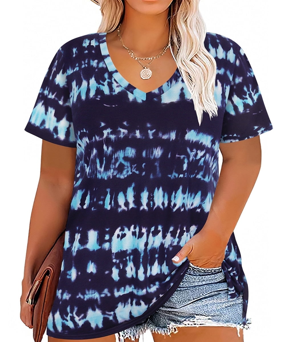 CASSIE LIZ Plus Size Womens Tops 4X Summer Tie Dye Shirts Blue V Neck ...