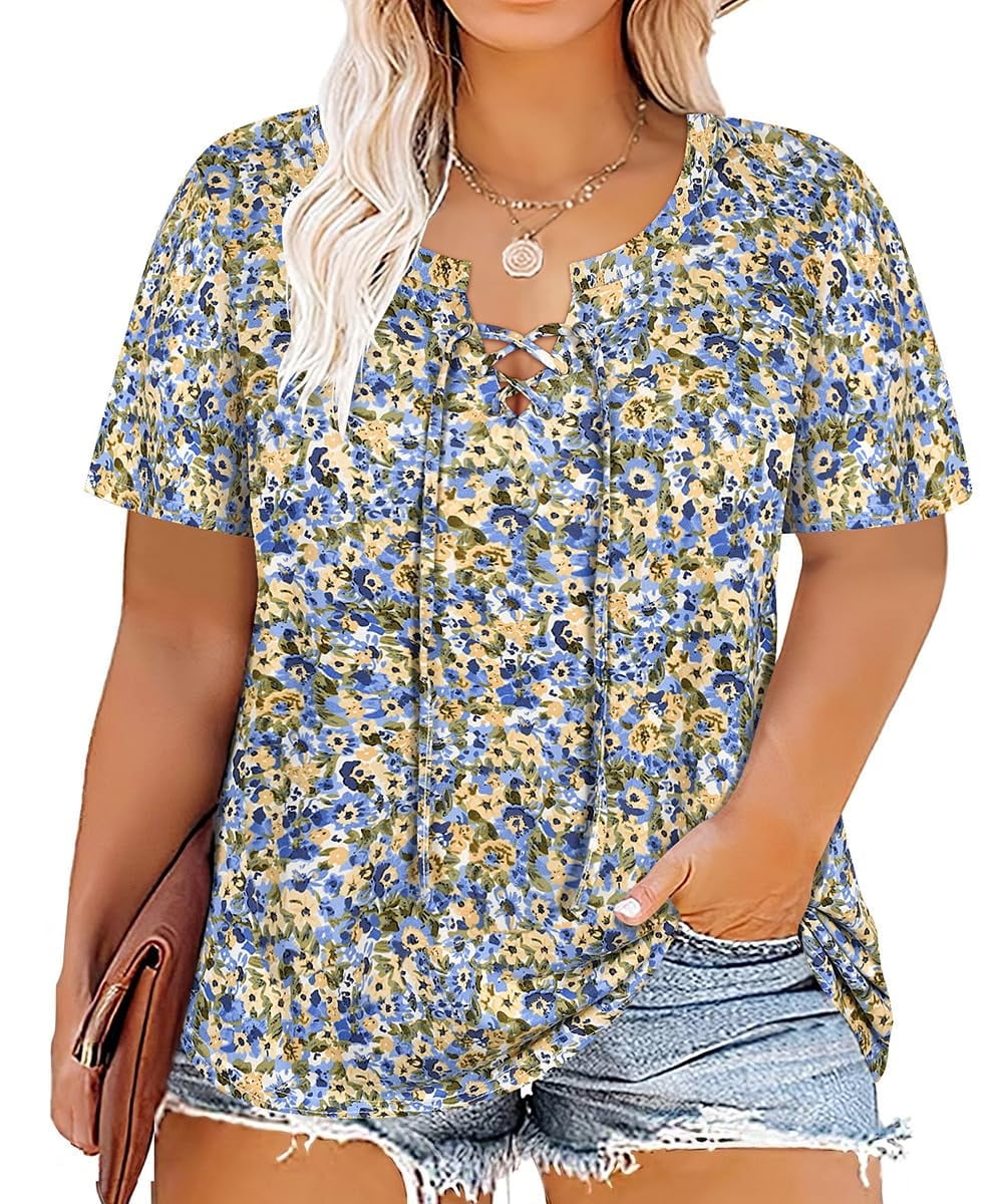 CASSIE LIZ Women's Plus Size Tops Blue Floral Short Sleeve Criss Cross ...