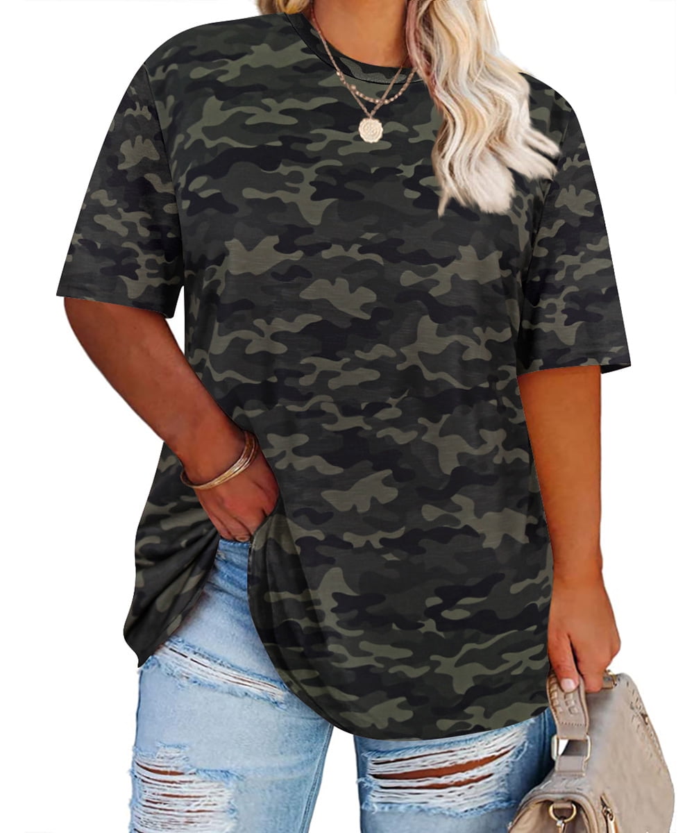 CASSIE LIZ Women's Plus Size Tops Casual Camo 4X Round Neck Blouses ...