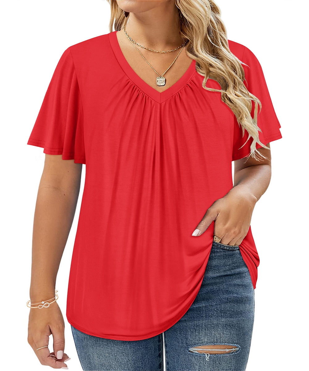 CASSIE LIZ Women's Plus Size Tops Casual Solid Red 4X V Neck Swing ...