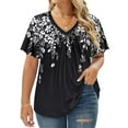 Cassie Liz Womens Plus Size Tops Casual White Floral Black 4x V Neck Swing Flowy Blouses