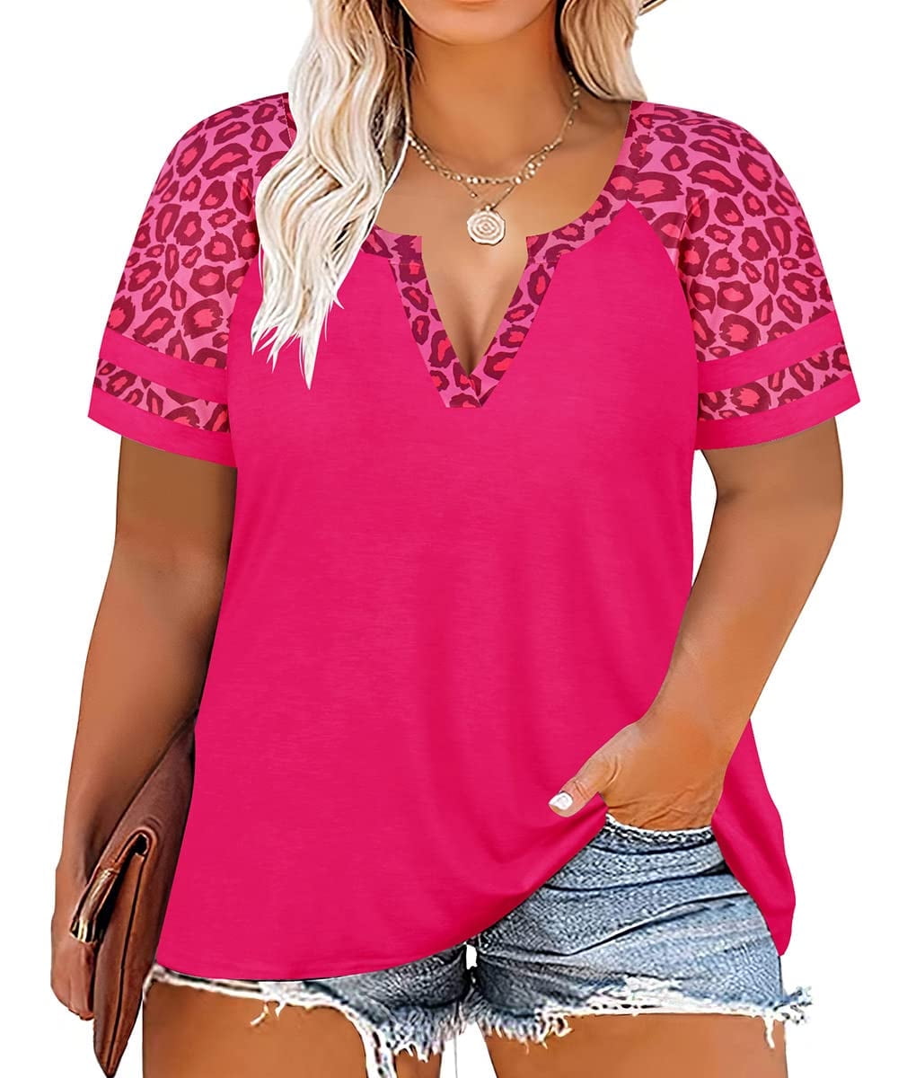 CASSIE LIZ Womens Tops Plus Size Summer V Neck Shirts Hot Pink Leopard ...