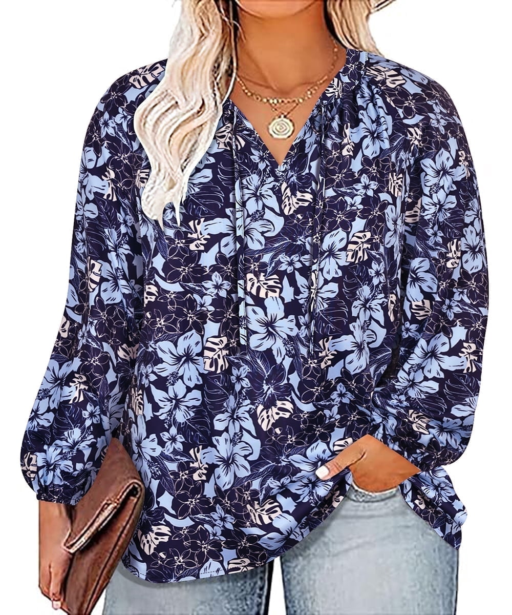CASSIE LIZ Womens Plus Size Blouses 2X Deep Blue Long Sleeve Boho Tops ...