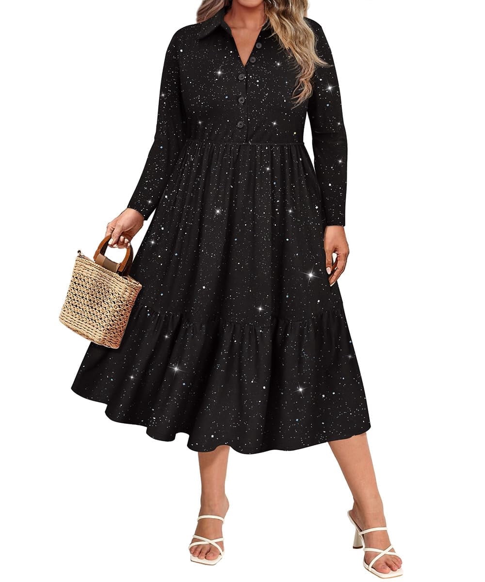 CASSIE LIZ Womens Plus Size Fall Winter Dress 4XL Long Sleeve Lapel V ...