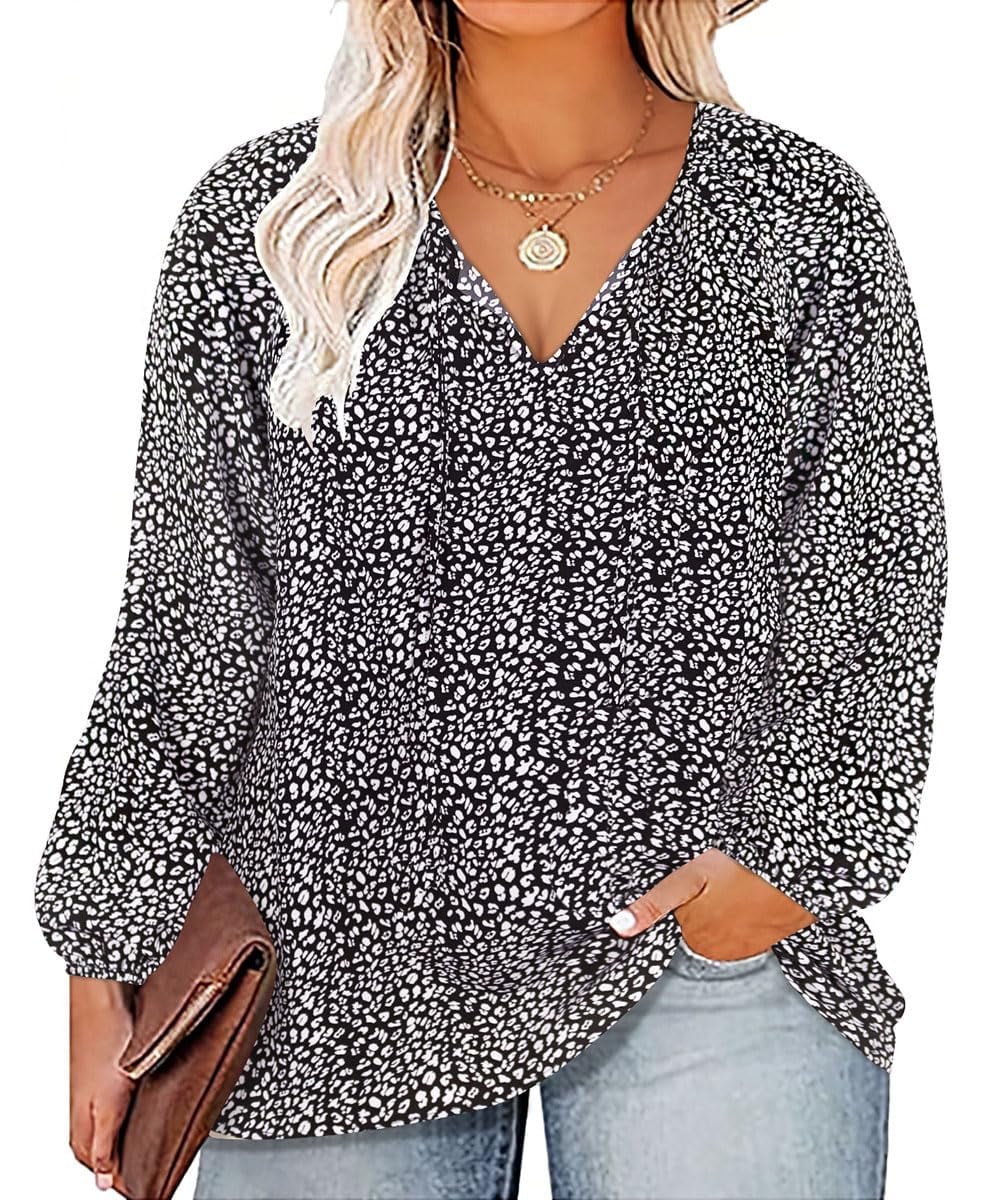 CASSIE LIZ Womens Plus Size Floral Blouses Long Sleeve Boho Black Tops ...
