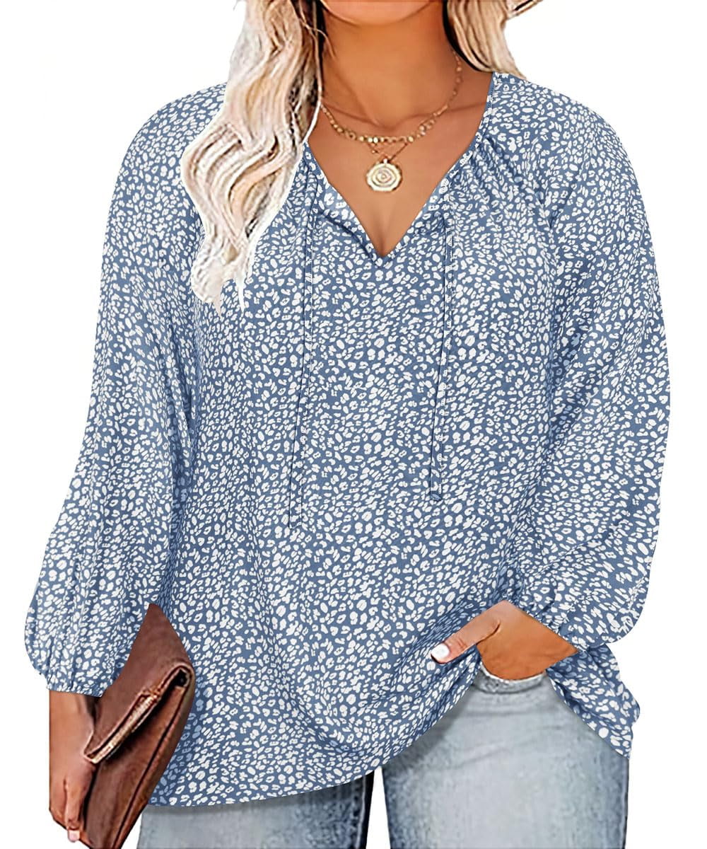 CASSIE LIZ Womens Plus Size Floral Blouses Long Sleeve Boho Blue Tops V ...
