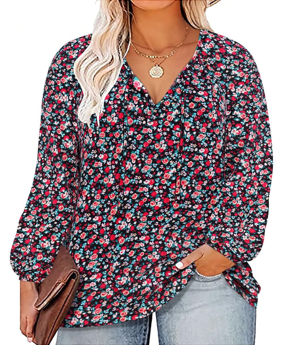 CASSIE LIZ Womens Plus Size Floral Blouses Long Sleeve Boho Navy Tops V ...