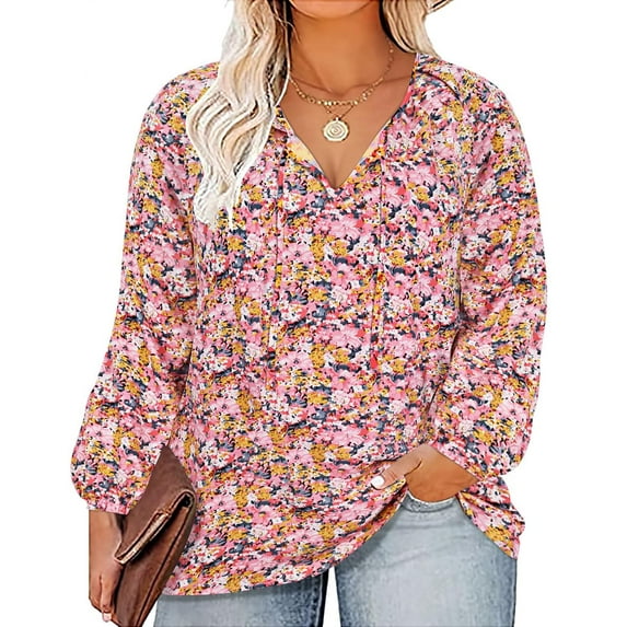 CASSIE LIZ Womens Plus Size Floral Blouses Long Sleeve Boho Pink Tops V Neck Chiffon Shirts ...