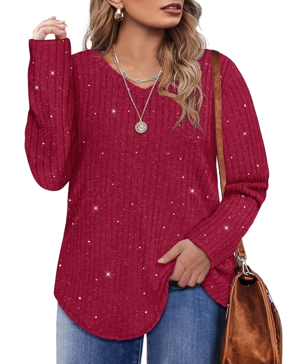 CASSIE LIZ Womens Plus Size Tops Sequin Red Striped V-neck Sweatshirts ...