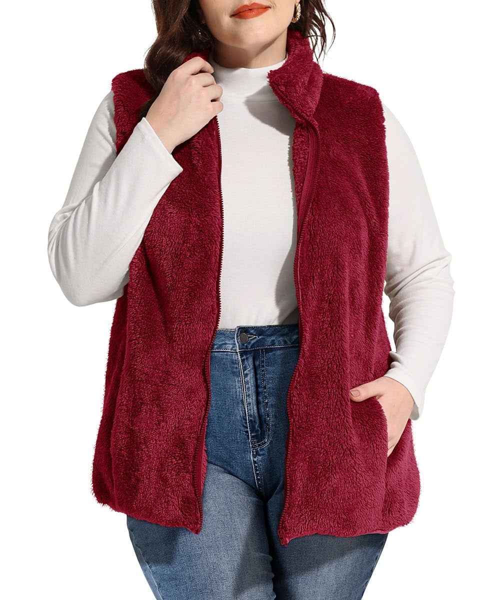 CASSIE LIZ Womens Plus Size Vests Fashion Wine Red Fleece Sherpa Fall ...