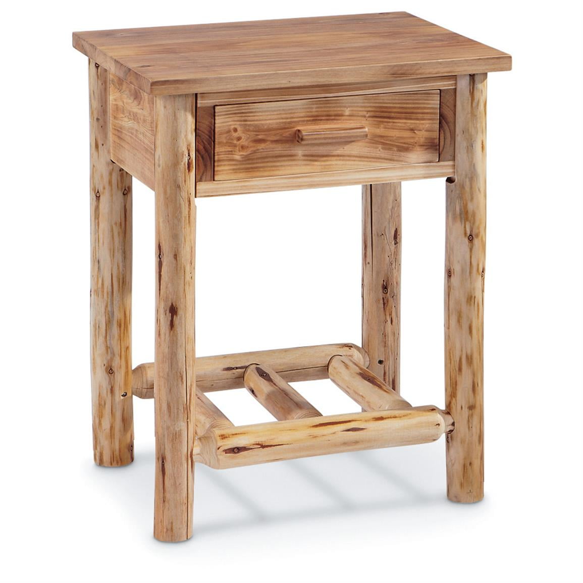 CASTLECREEK Pine Log Wood Bedside End Table, Rustic Natural Weathered ...