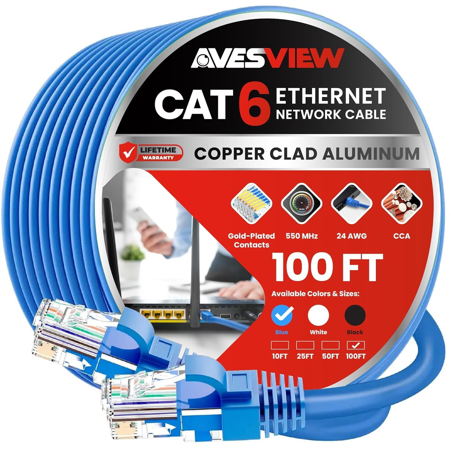 CAT 6 Ethernet Cable 100 FT Indoor High-Speed 10Gbps Snagless Long CAT6 ...
