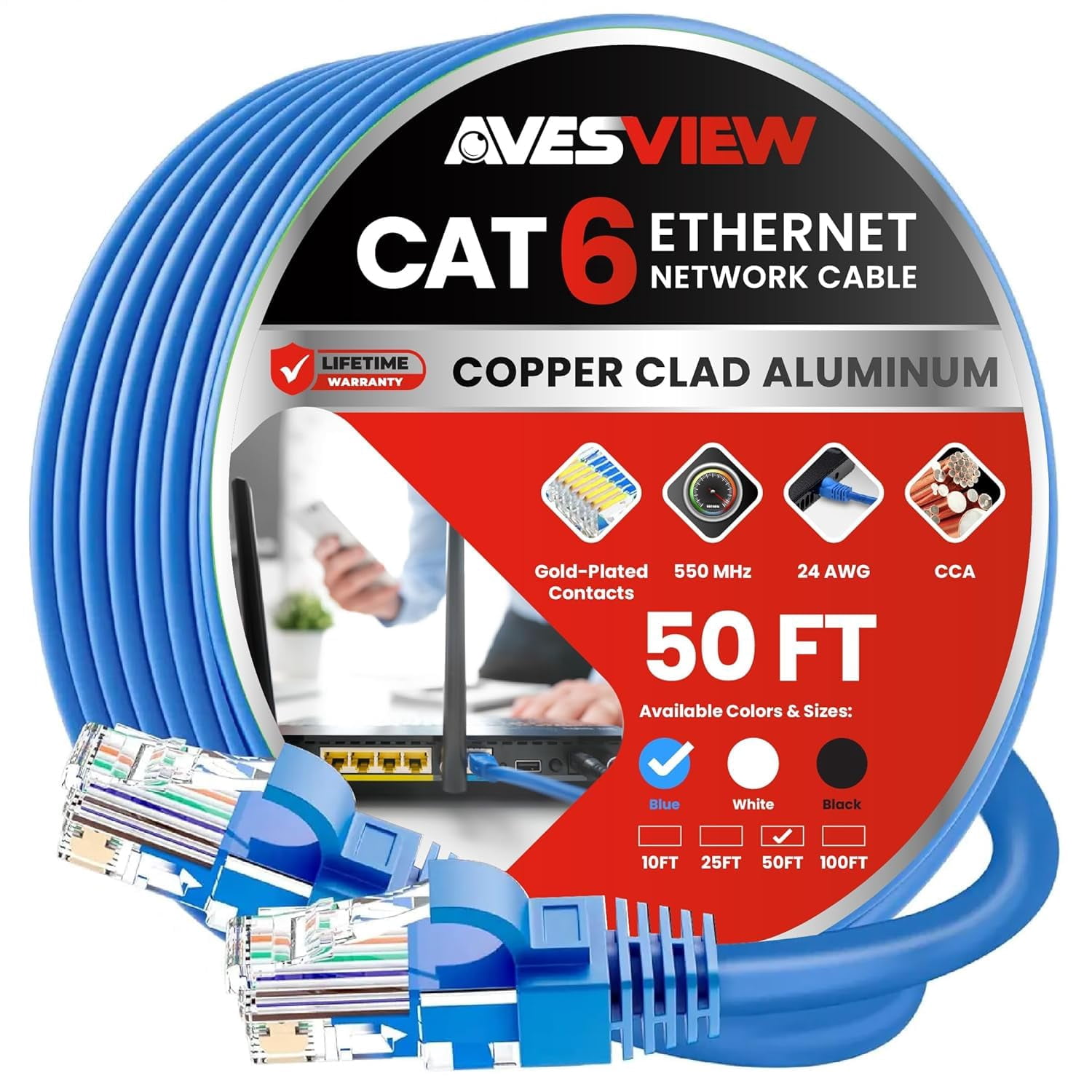 CAT 6 Ethernet Cable 50 FT, Indoor High-Speed 10Gbps Snagless Long CAT6 ...