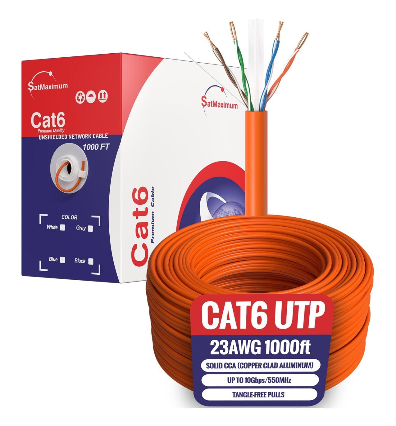 CAT6 1000ft Orange UTP Solid Ethernet Cable 23AWG RJ45 LAN Network Bulk ...