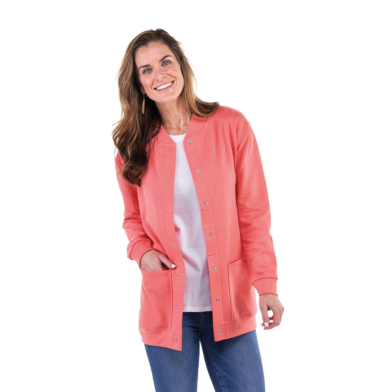 CATALOG CLASSICS Womens Fleece Jacket Snap Front Cardigan Sweatshirt for Women, Medium, Coral ...