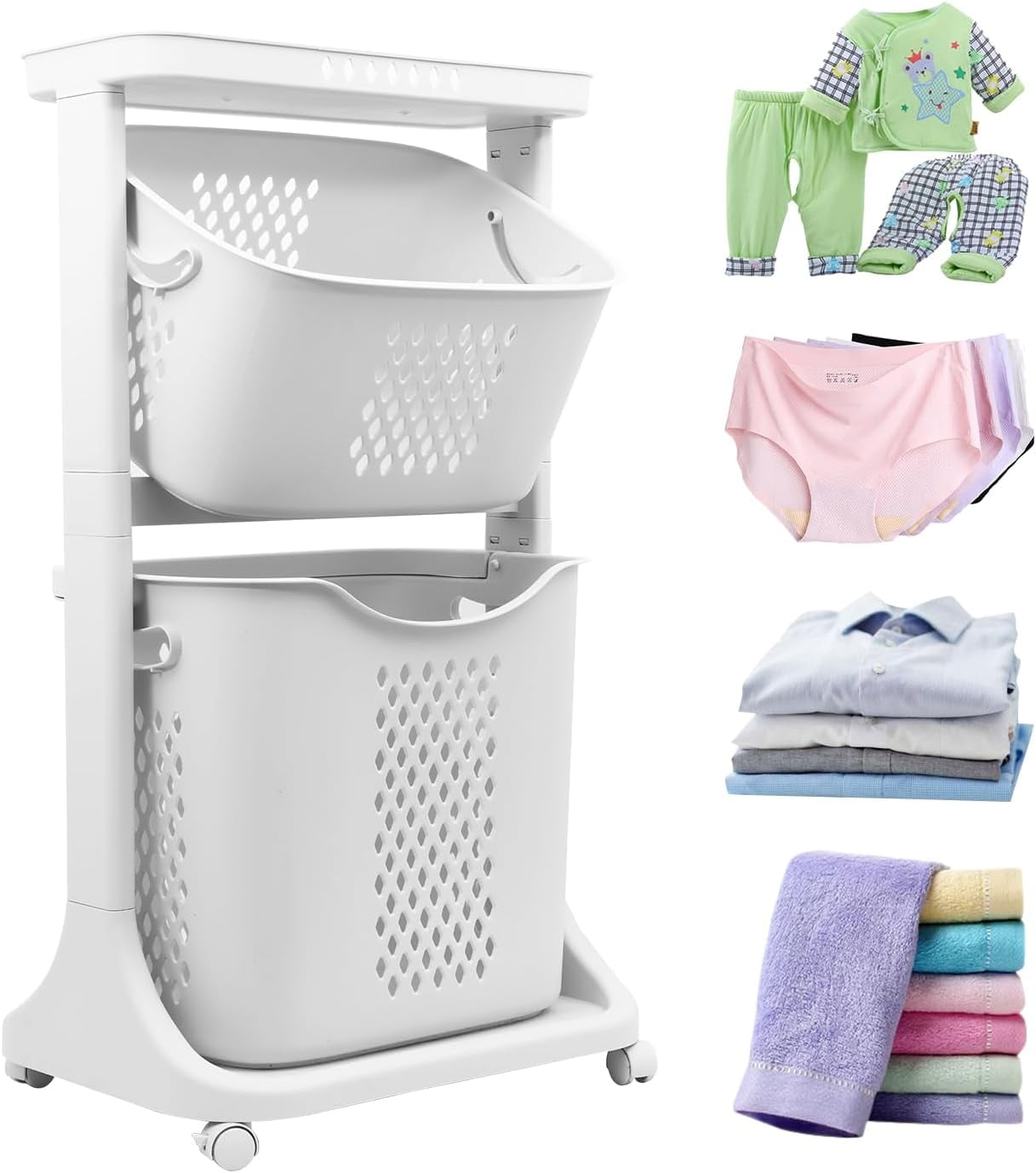CATGOOD 2 Layer Rolling Laundry Hamper Cart, Removable Laundry Basket ...