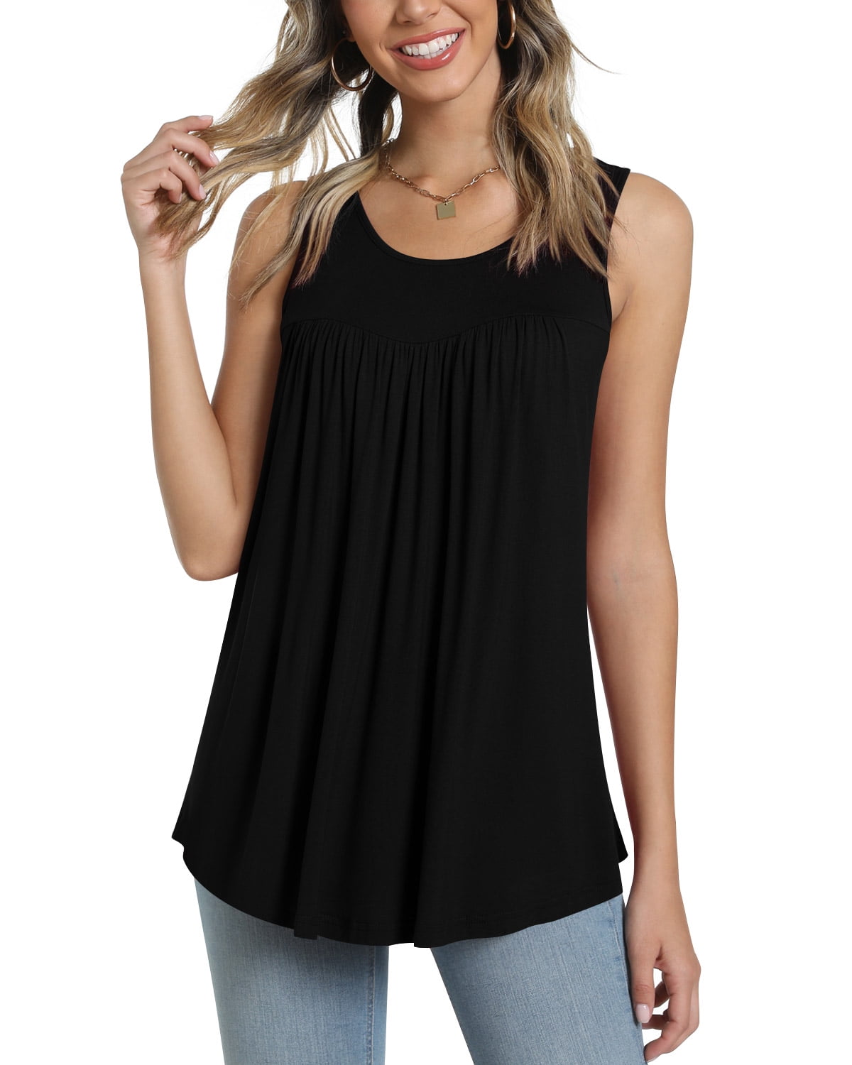 CATHY Women's Summer Sleeveless Pleated Top Loose Crew Neck Tunic ...