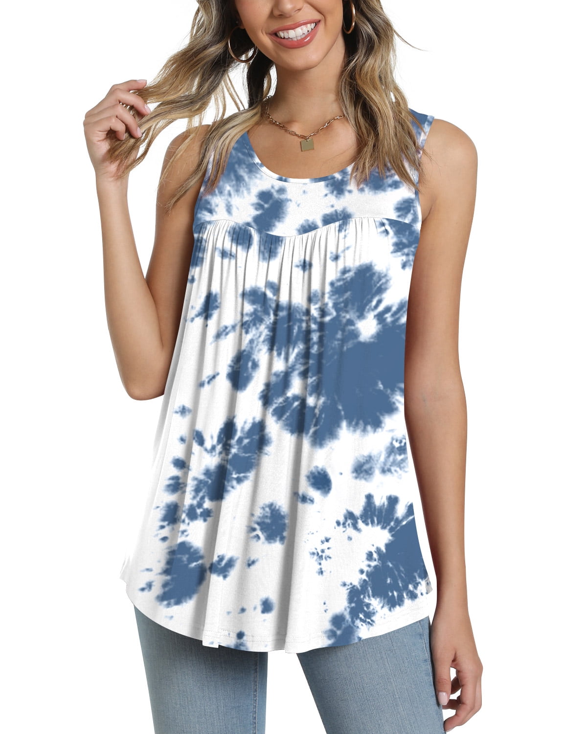 CATHY Women's Summer Sleeveless Pleated Top Loose Crew Neck Tunic ...