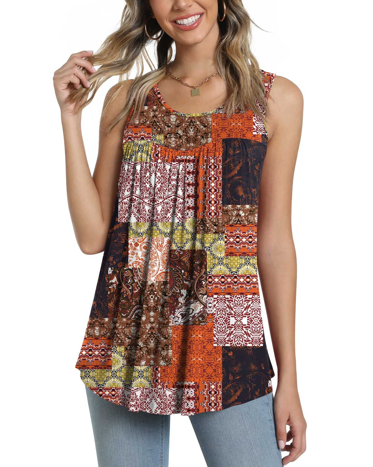 CATHY Women's Summer Sleeveless Pleated Top Loose Crew Neck Tunic ...