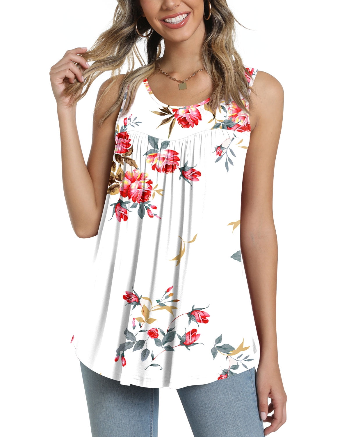 CATHY Women's Summer Sleeveless Pleated Top Loose Crew Neck Tunic ...