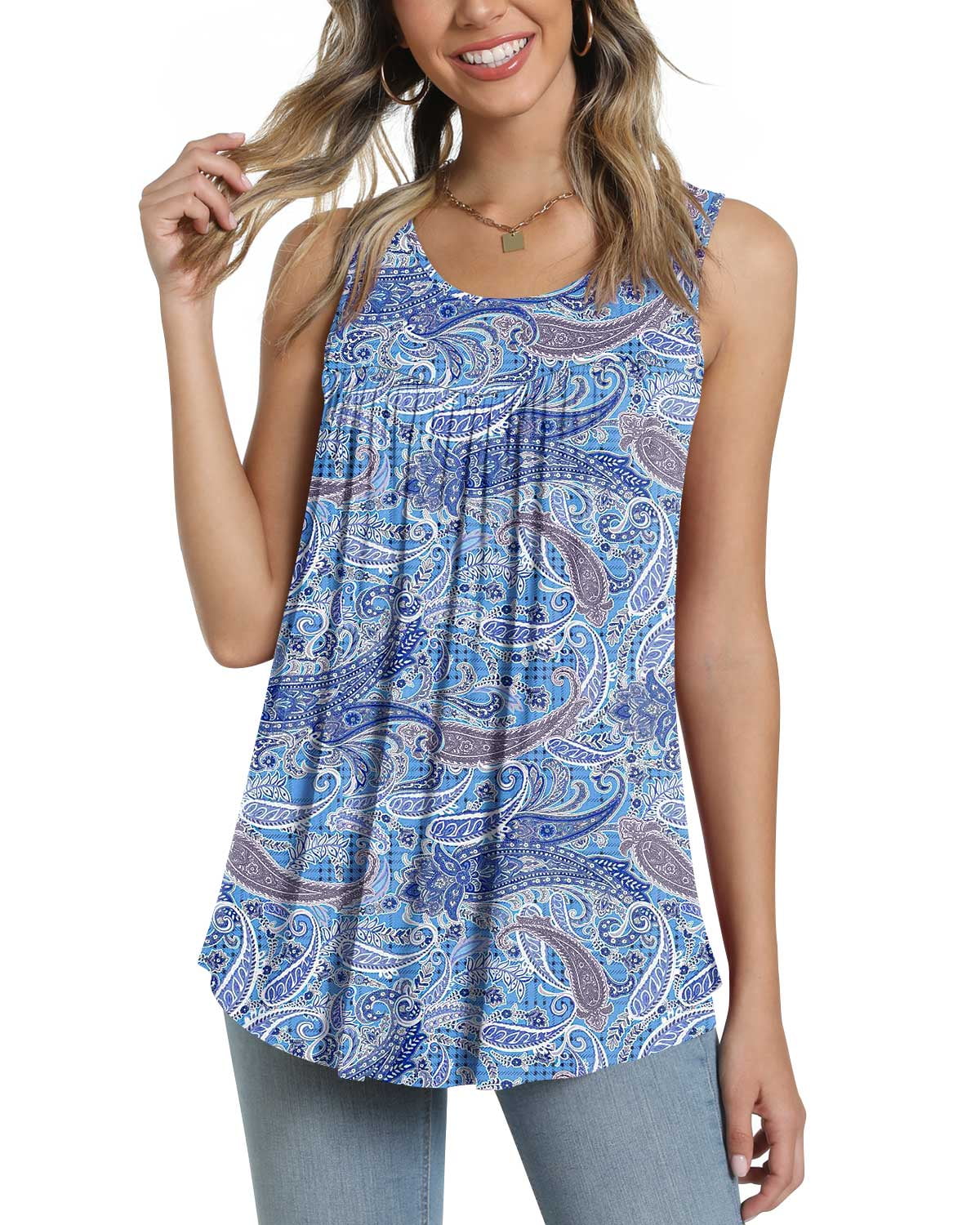 CATHY Women's Summer Sleeveless Pleated Top Loose Crew Neck Tunic ...