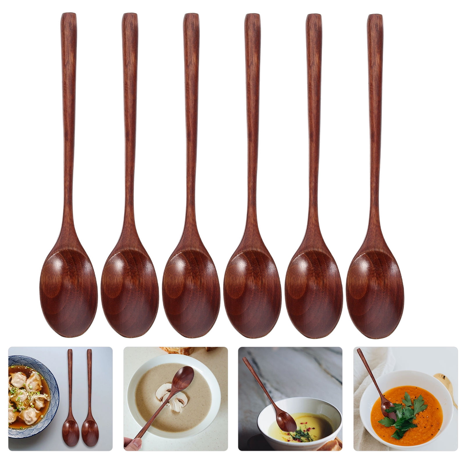 CATIEBYE Ergonomic Long Handle Wood Spoons, Brown, Heat-Resistant ...