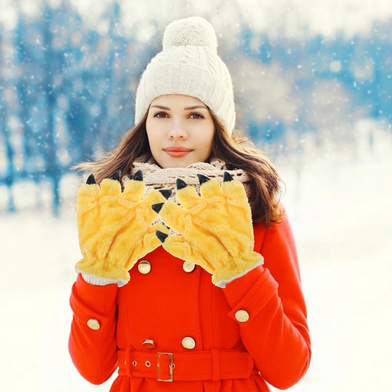 CATIEBYE Yellow Cartoon Gloves for Women 1 Pair Plush Material 11.8x8 ...