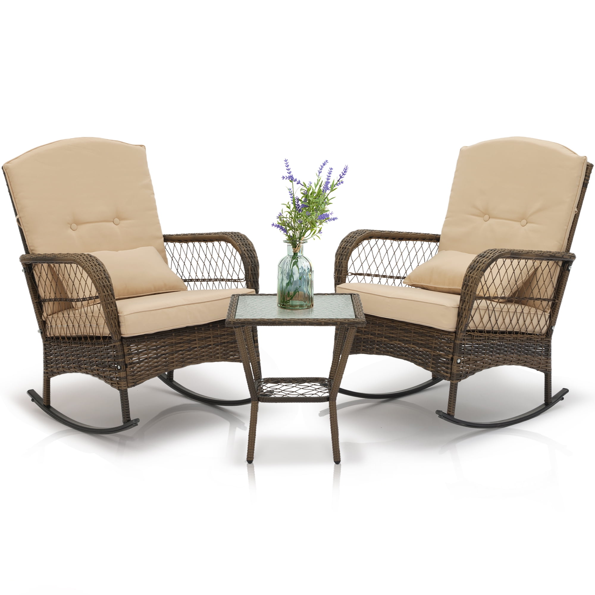 CATMIX 3-Piece Outdoor Rocking Chair set with Coffee Table, Wicker ...