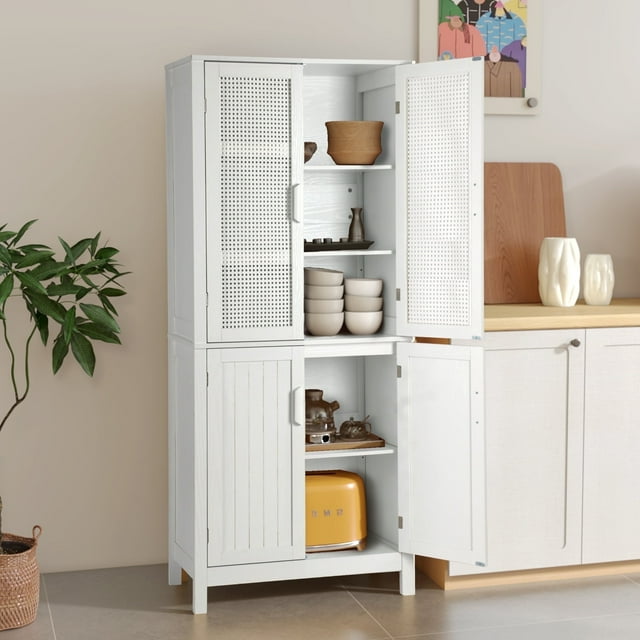 CATMIX 70" Tall Rattan Food Storage Cabinet with Adjustable Shelves ...