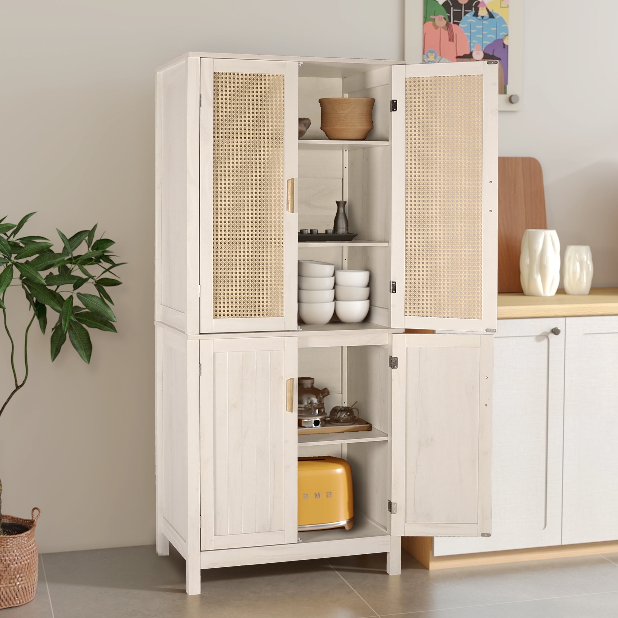 CATMIX 70" Tall Rattan Food Storage Cabinet with Adjustable Shelves ...