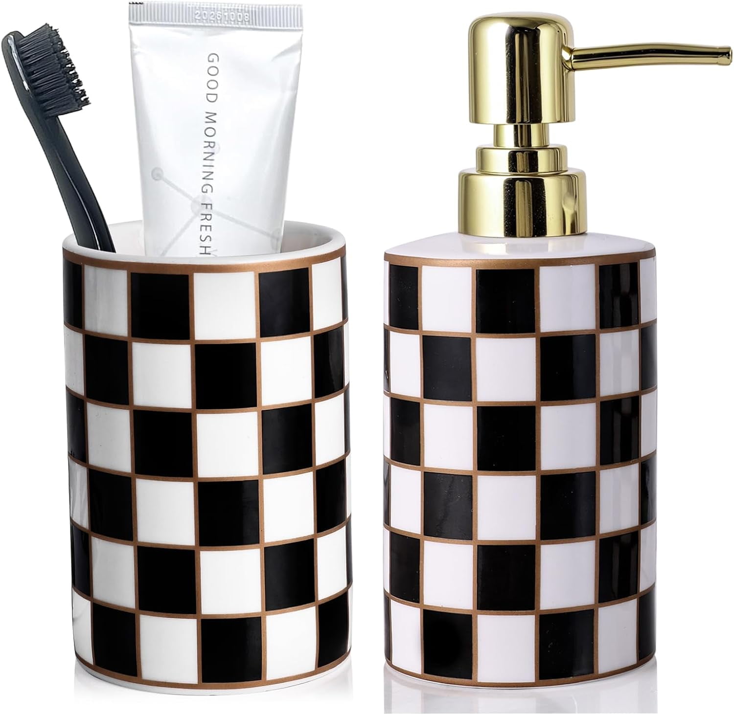 CATPAN Bathroom Toothbrush Holder Set, Ceramic Checkered Soap Dispenser ...