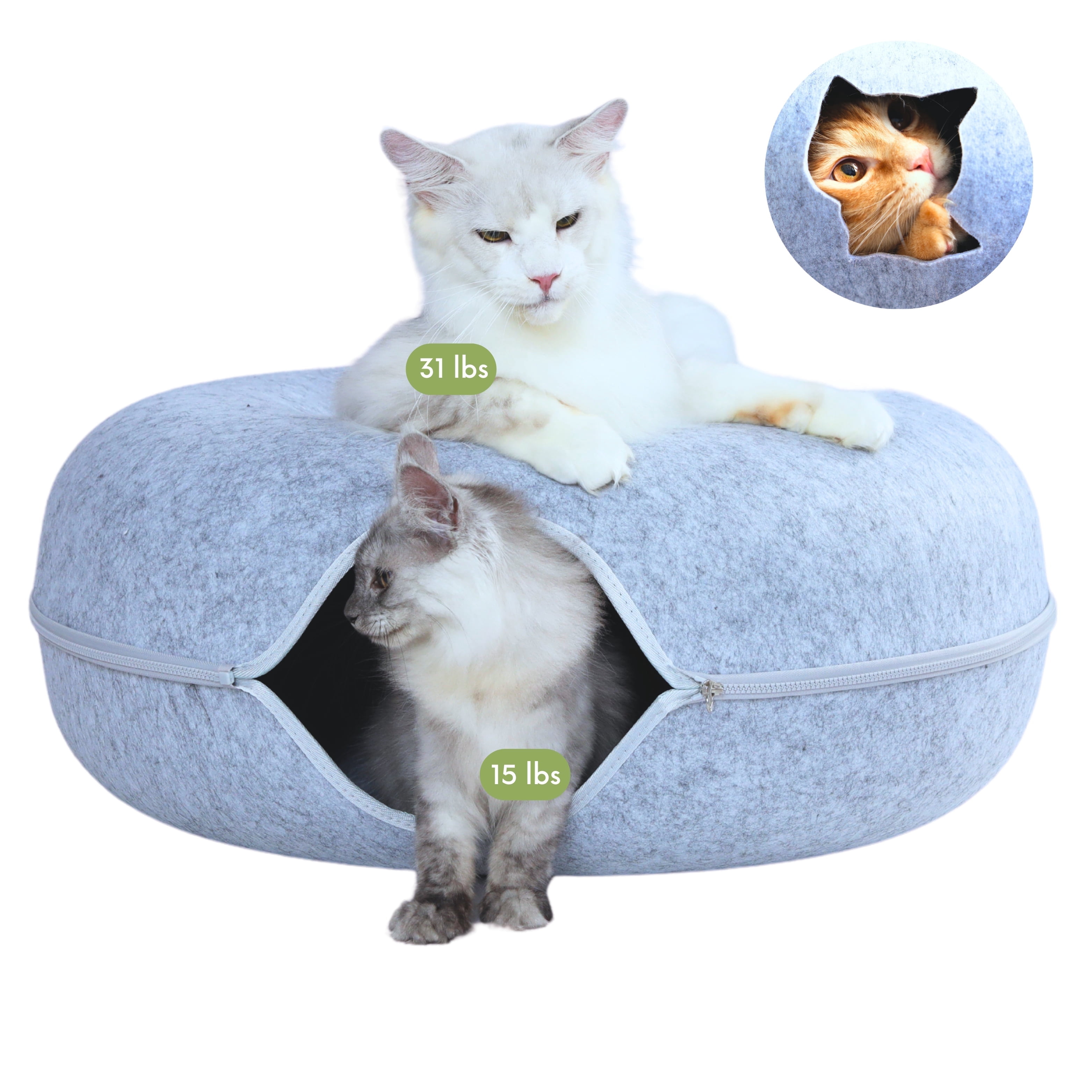 Cattasaurus Large Donut Window Felt Peekaboo Cat Tunnel Bed, Light Gray ...