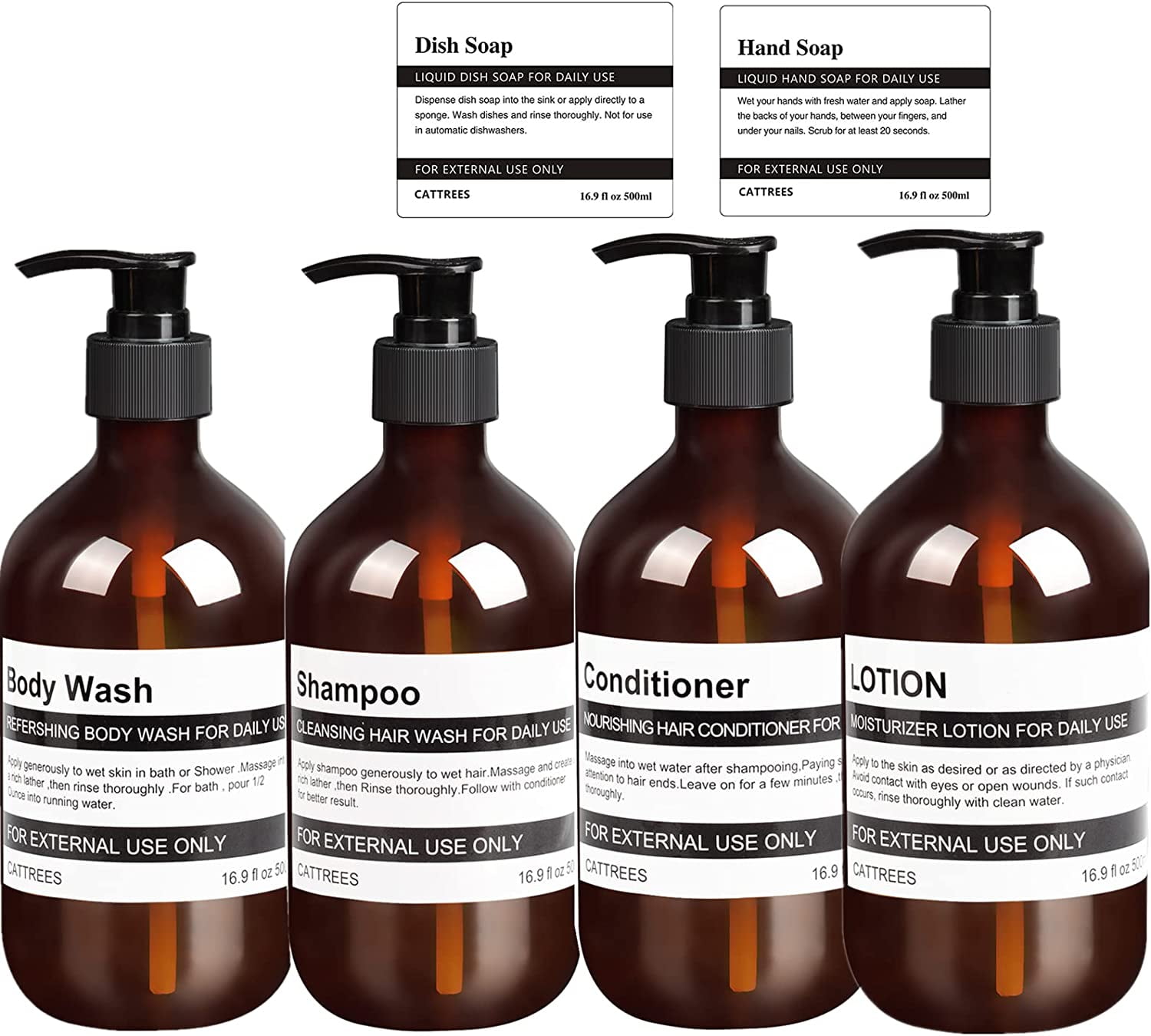 CATTREES 4 Pack Refillable 16 oz Amber Plastic Bottles with Pumps and 6 ...