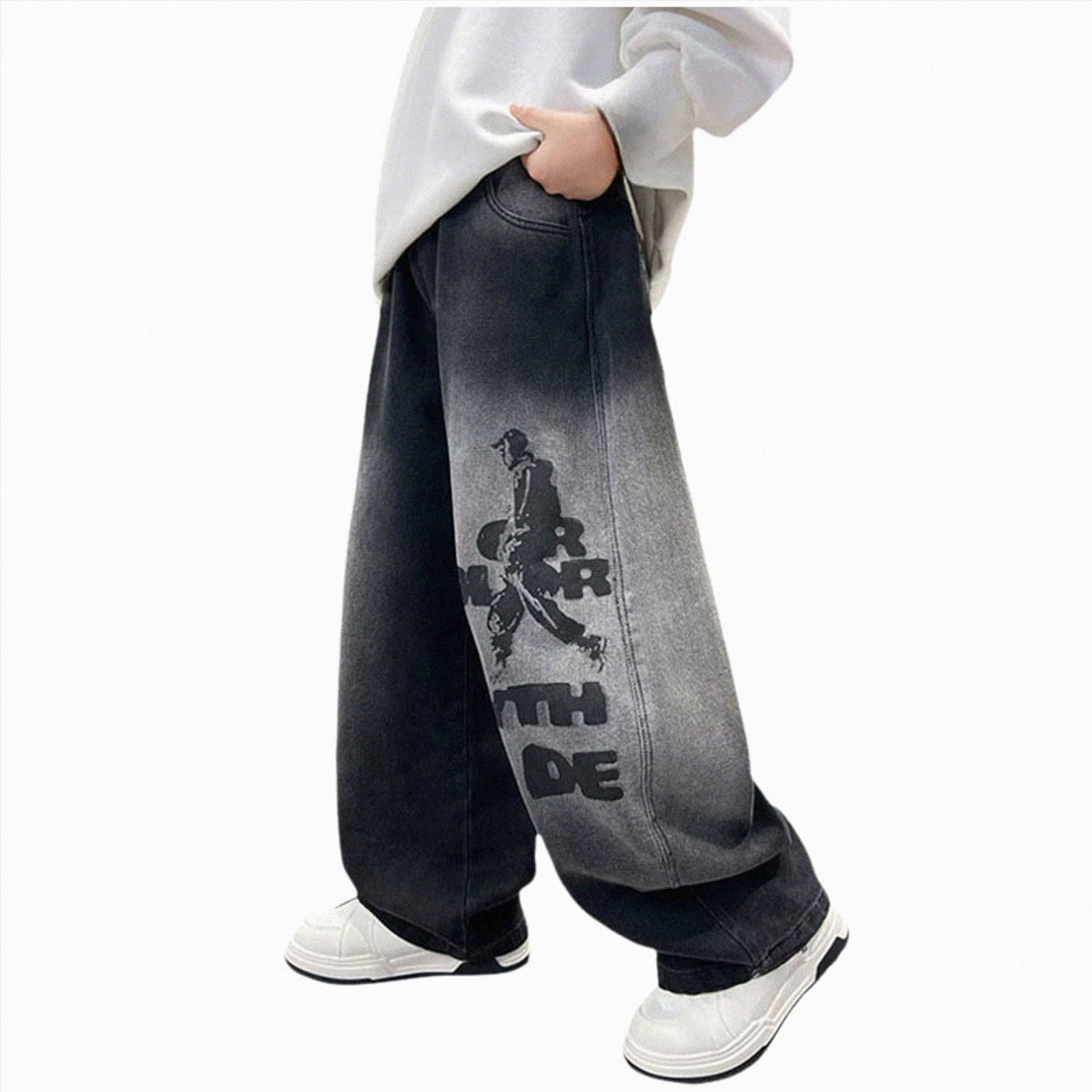 CAUYDY Boy's Baggy Jeans Y2k Casual Fashion Loose Wide Leg Denim Pants ...