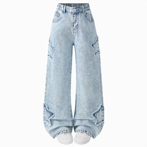 CAUYDY Girl's Cute Star Patched Baggy Jeans Cute High Waisted Straight ...