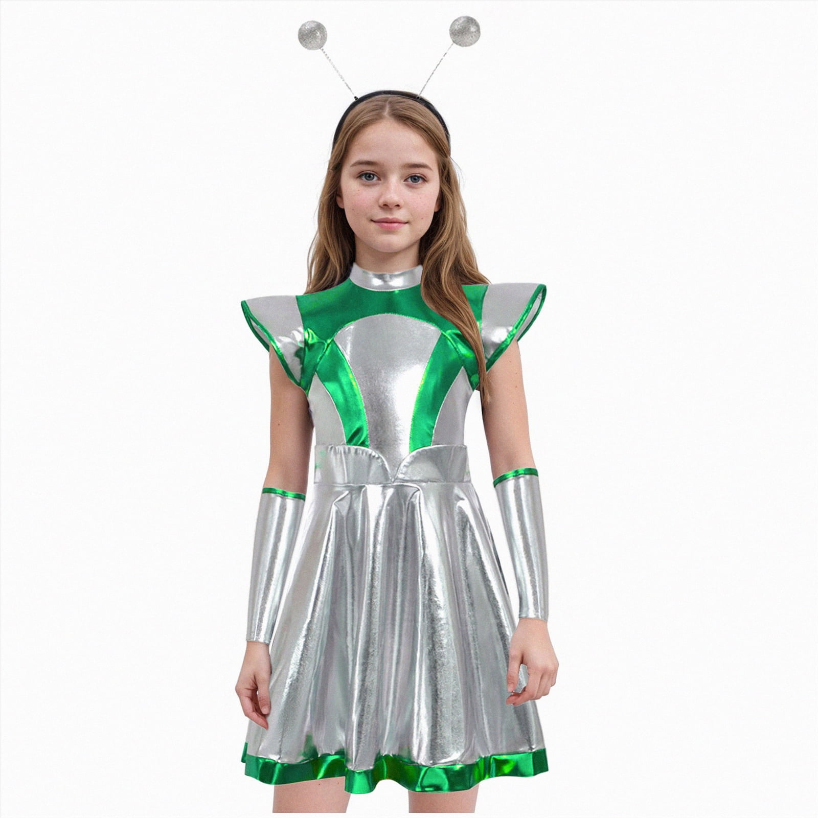CAUYDY Girls Alien Halloween Space Man Dress Up Metallic Dress with Arm ...