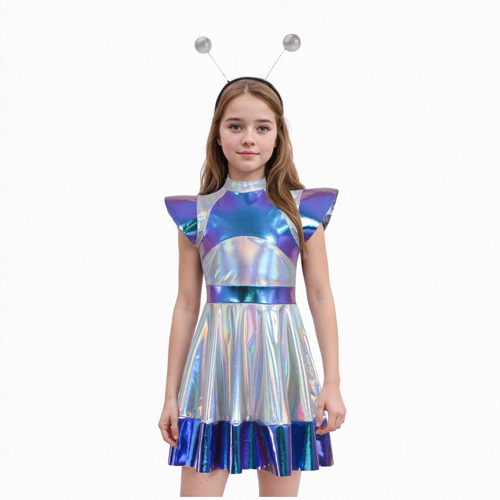 CAUYDY Girls Alien Fancy Dress Outer Space Man Outfits Metallic Dress ...